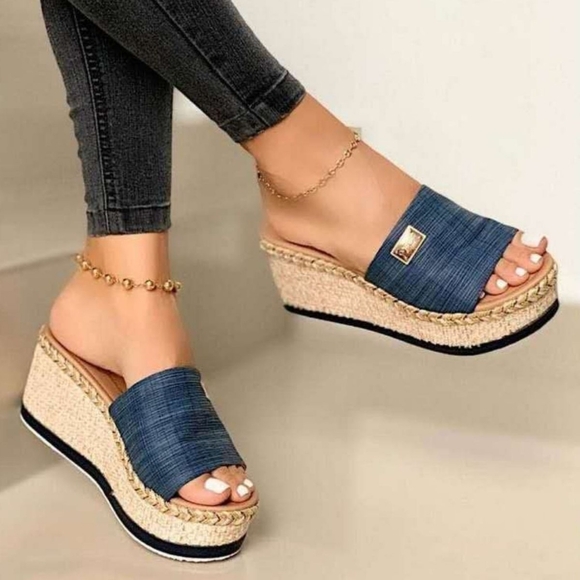 Just Jen | Shoes | Stylish Blue Open Toe Leather Platform Wedge Sandals ...